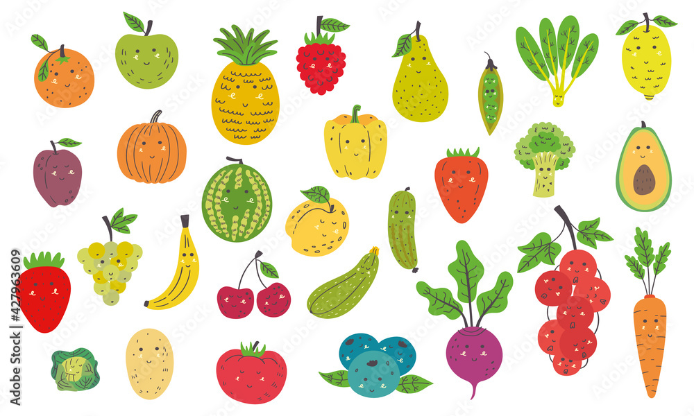 Large set of cute fruits and vegetables. Fruit and vegetable healthy ...