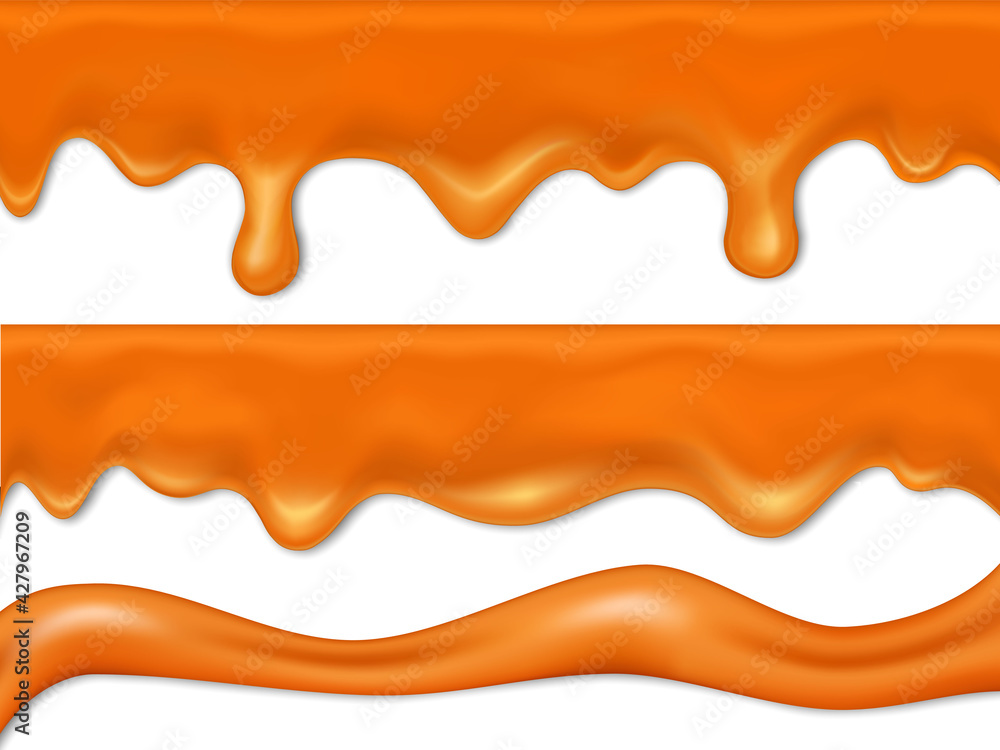 Caramel dripping. Caramel sauce or liqued chocolate drip from top. 3d ...