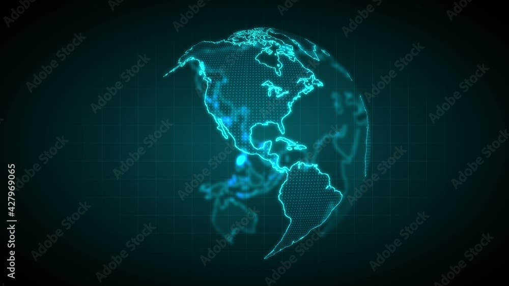 Abstract digital globe turning. World map spinning on dark blue ...