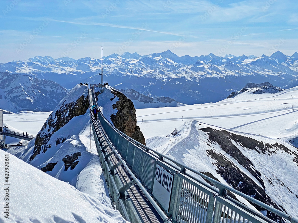 Peak walk on the Suspension bridge between two mountain peaks (Travel ...