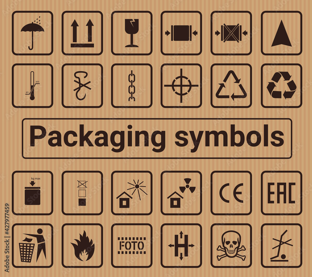 A set of black and white packaging symbols on a cardboard background ...