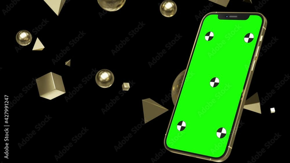 Green Screen. Gold Mobile Phone. Cubes. Pyramides. Balls Floating. Slow ...