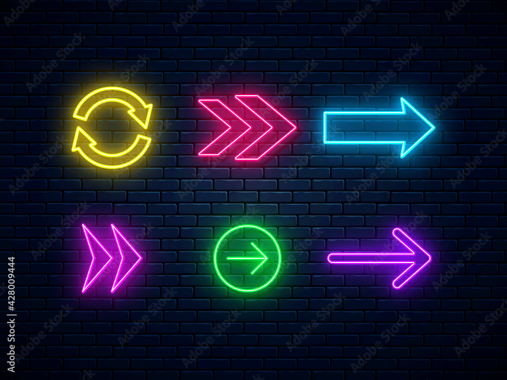 Neon arrow signs collection. Set of colorful neon arrows, web icons ...