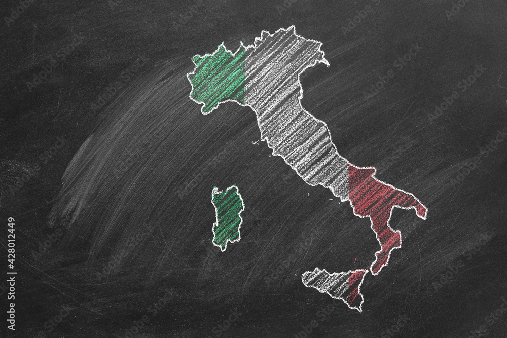 Country map and flag of Italy drawing with chalk on a blackboard. One ...