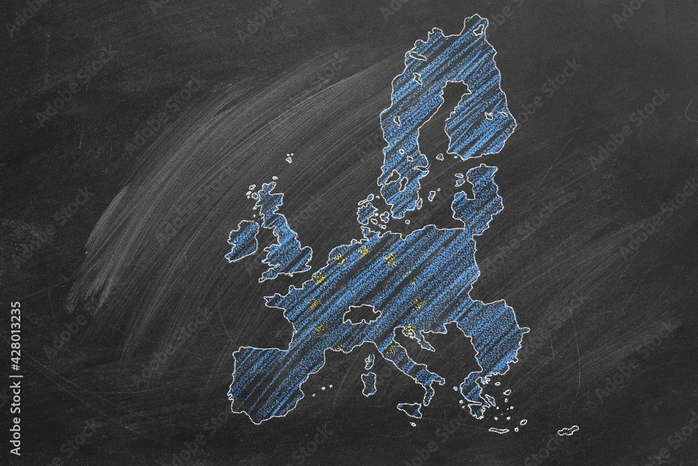 Country map and flag of European Union drawing with chalk on a ...