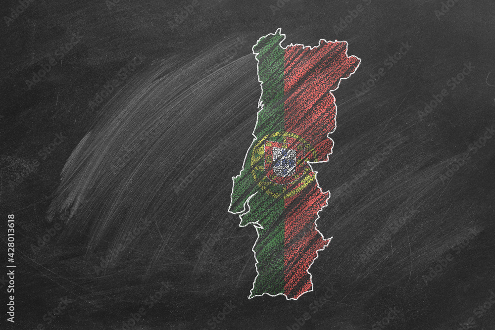 Country map and flag of Portugal drawing with chalk on a blackboard ...
