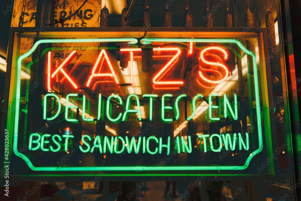 Katzs Delicatessen neon sign, in the Lower East Side, Manhattan, New ...