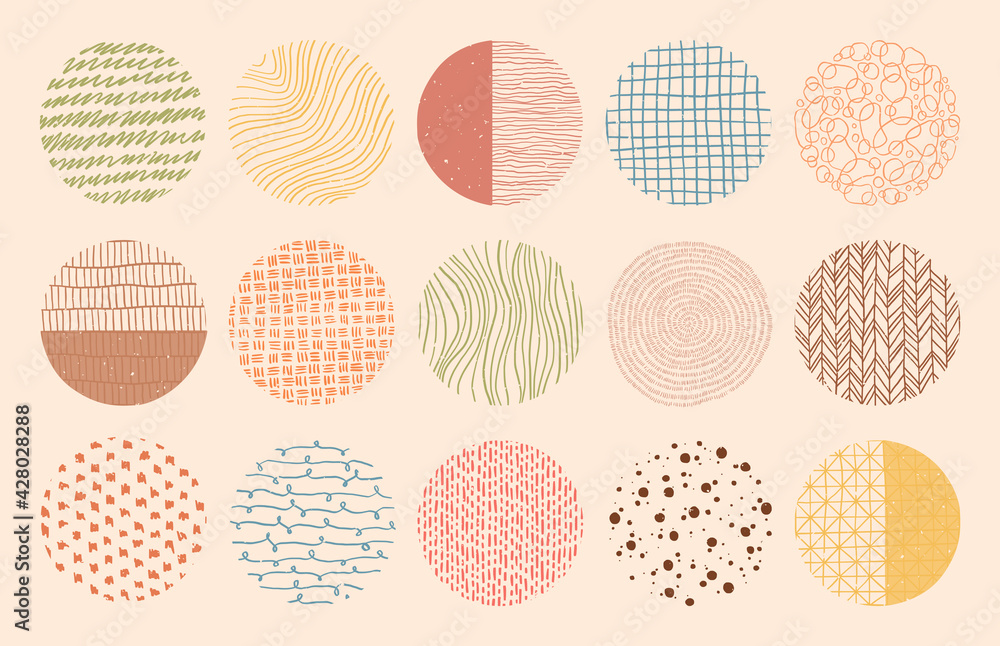 Vector colorful circle textures made with ink, pencil, brush. Geometric ...
