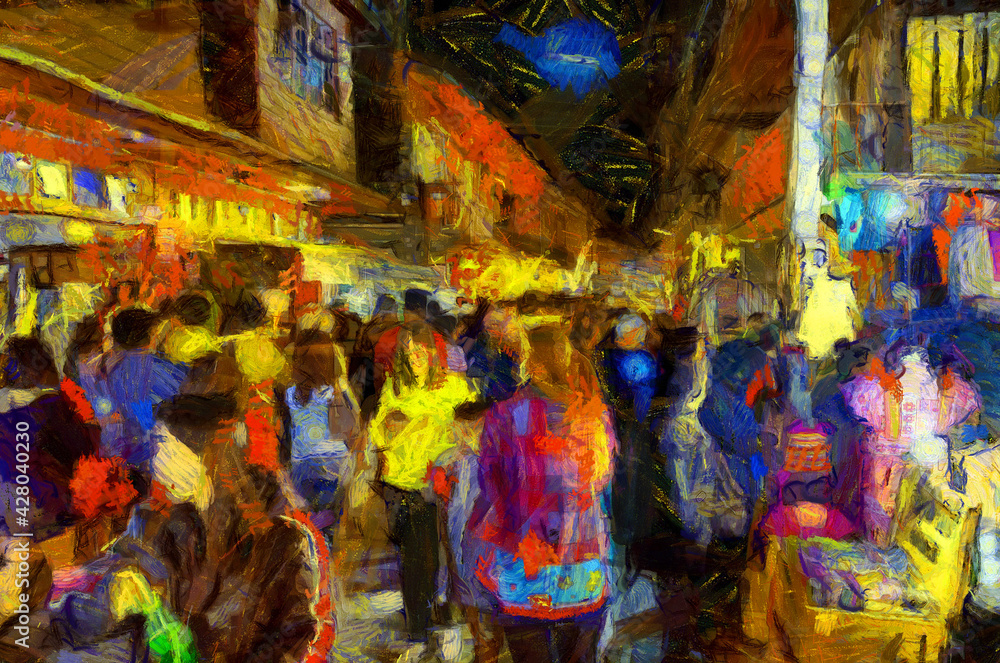 Landscape of the market at night, community market along the Mekong ...