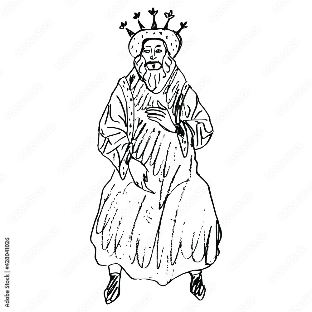 Seated enthroned king. Sitting medieval man in royal crown. Hand drawn ...