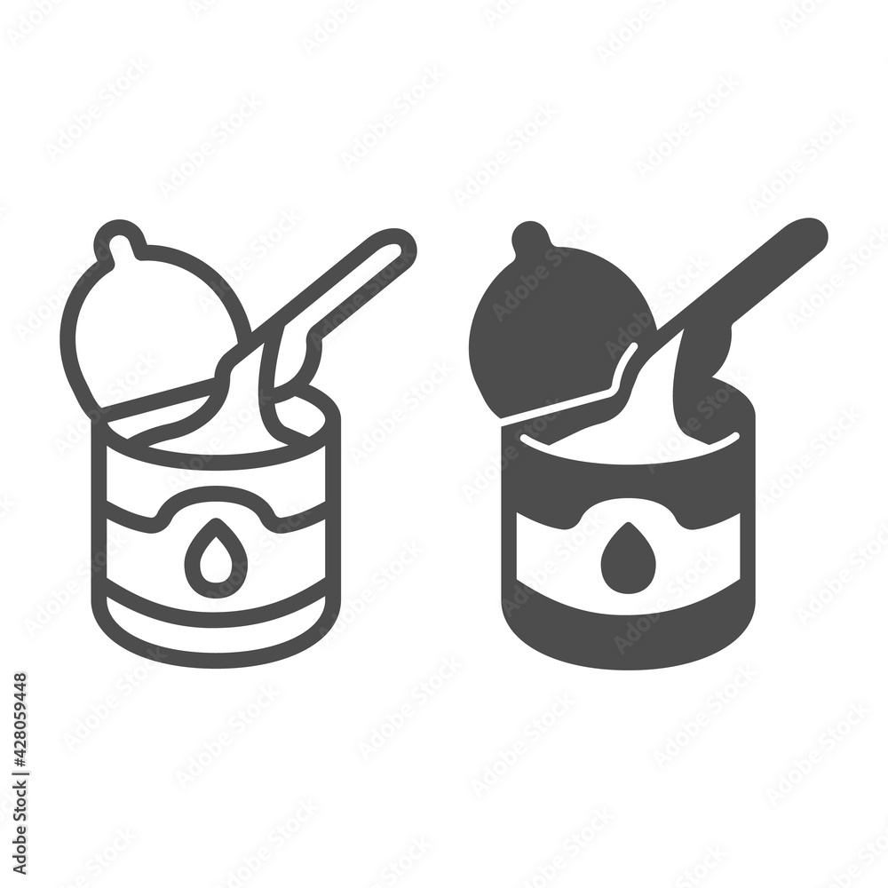Tin can of condensed milk with spoon line and solid icon, dairy ...