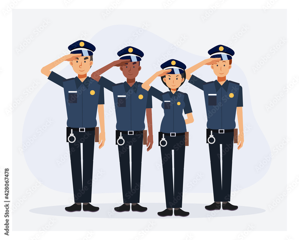man and woman police officer characters are salute, team of cops.flat ...