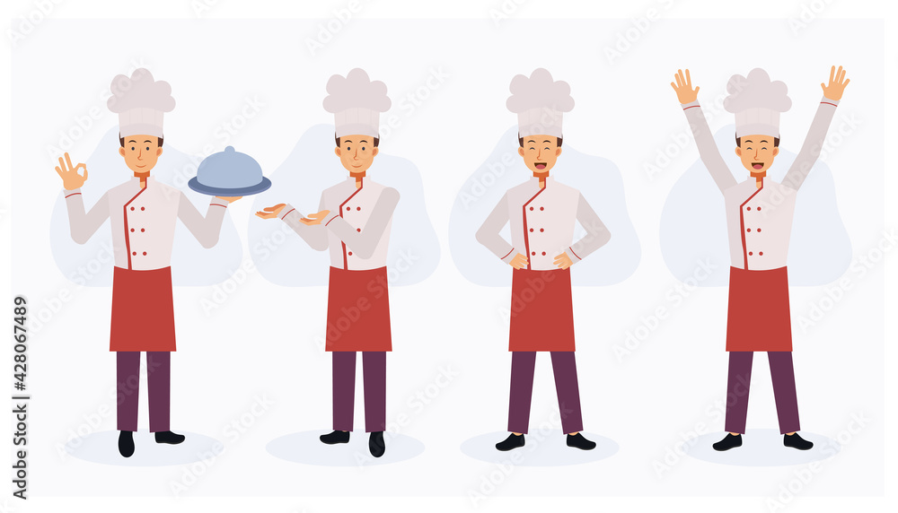 Set of male chef wearing a cook coat in various action,guiding with ...