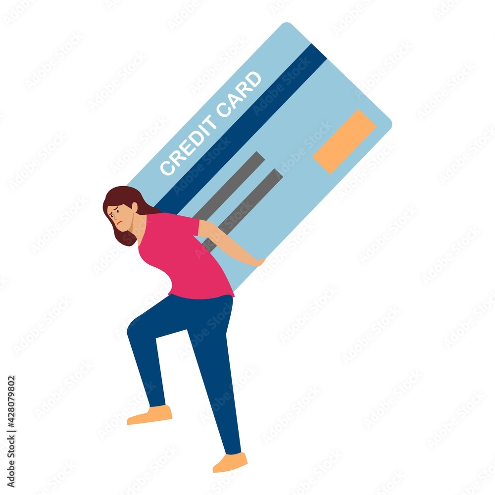 Young girl carrying heavy credit cards. Flat vector illustration of ...