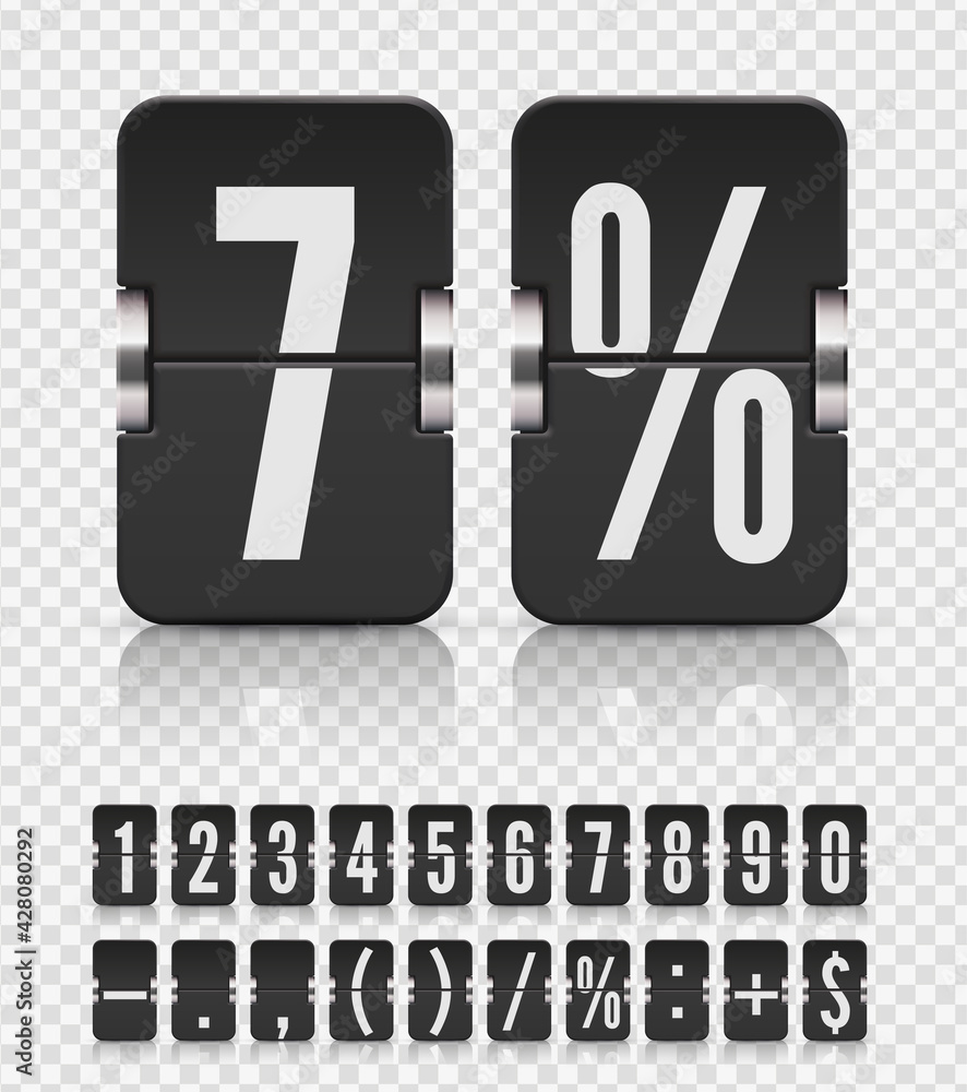 Set of black flip numbers and symbols on a mechanical scoreboard with ...