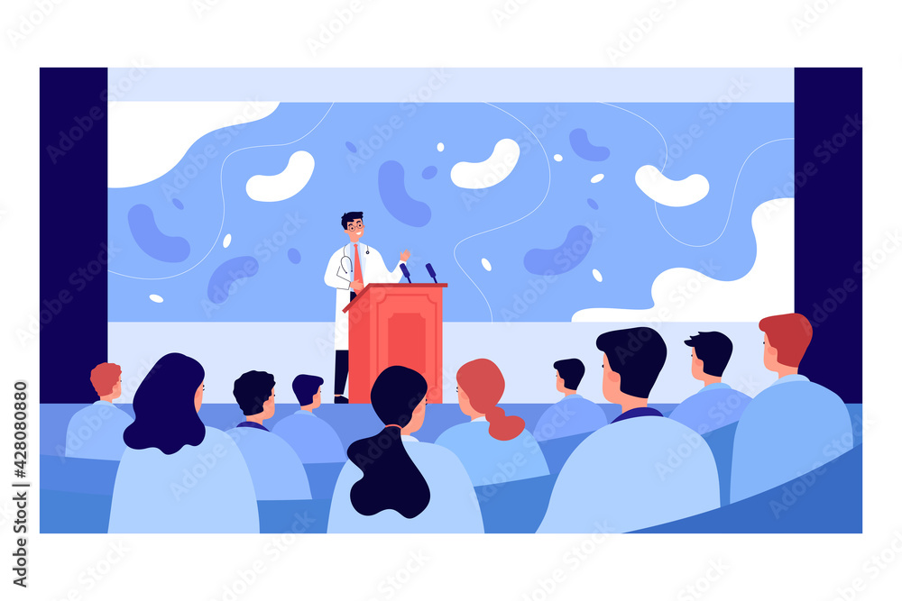 Cartoon pharmacist giving presentation on seminar. Doctor making ...