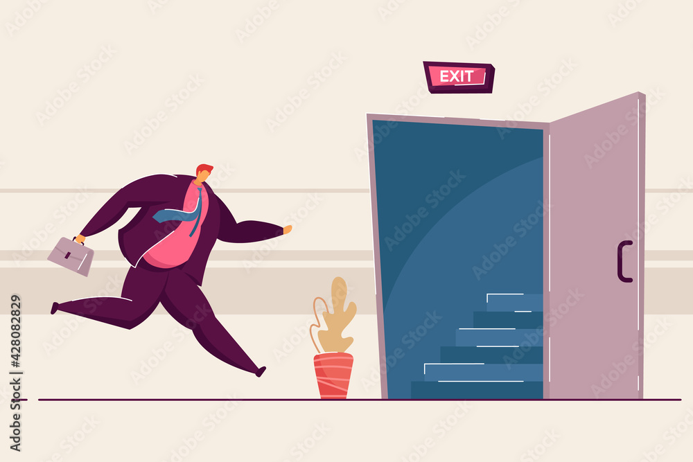 Cartoon businessman running to opened exit door. Flat vector ...