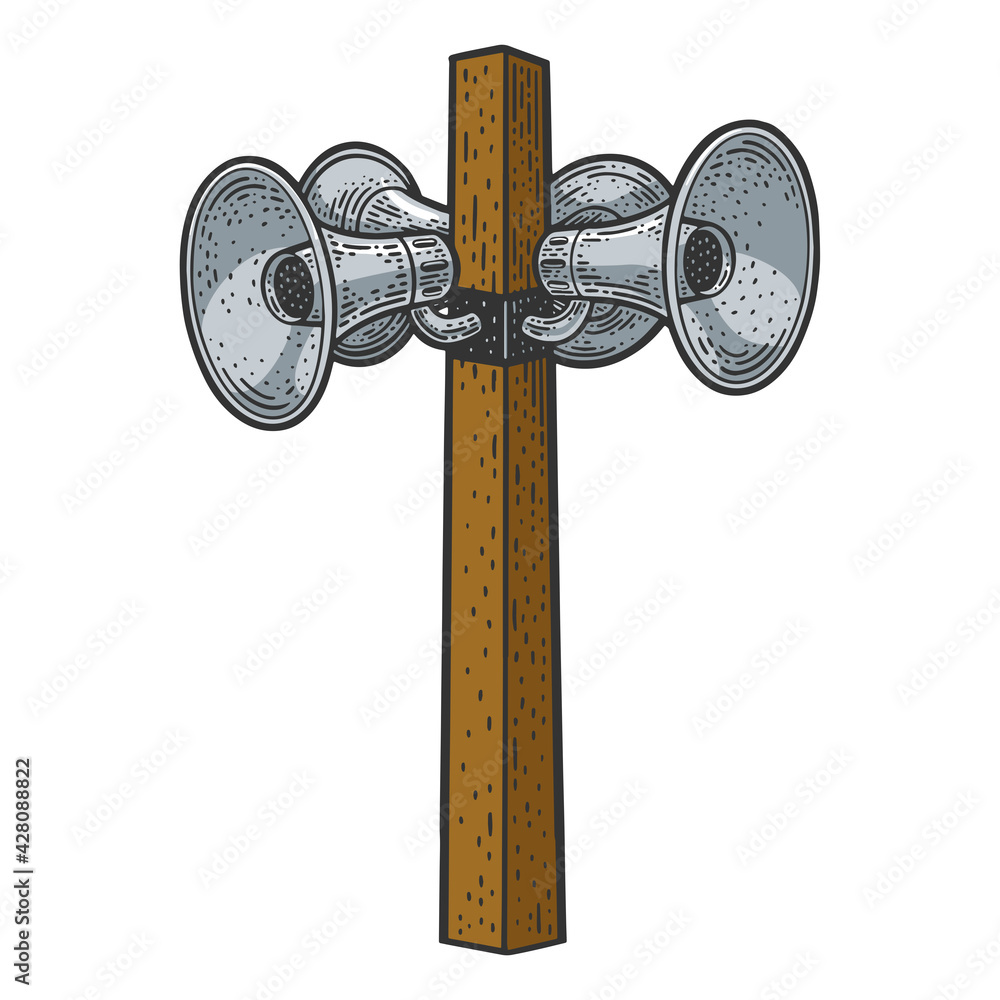 loudspeakers on pillar pylon for propaganda public notification color ...