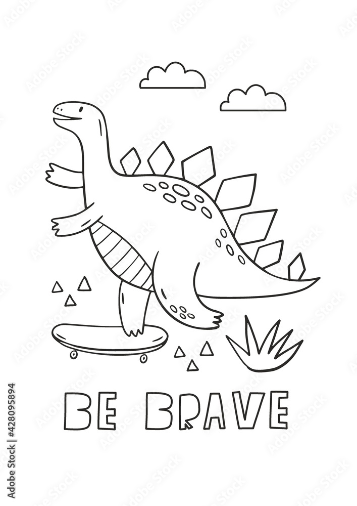 Cute cartoon dino on a skateboard in doodle style. Dinosaur coloring ...