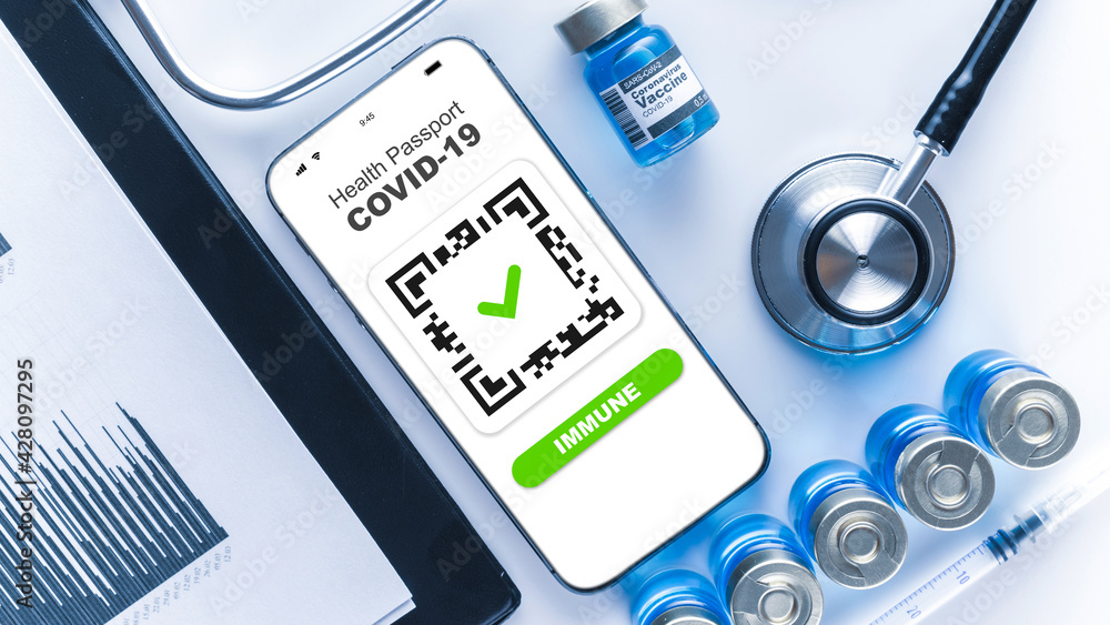 Health certificate. Medical equipment with Coronavirus vaccine ...