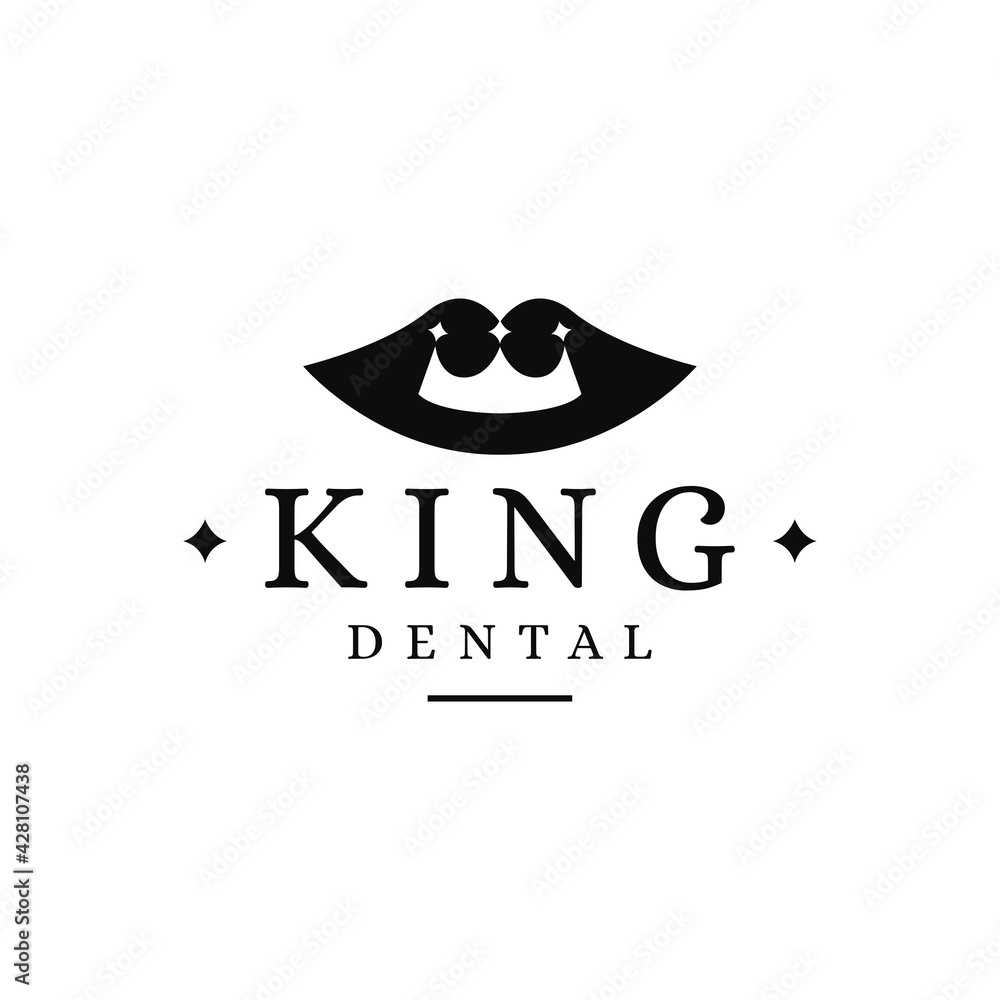 Abstract creative smiley mouth with crown teeth inside, king dental ...