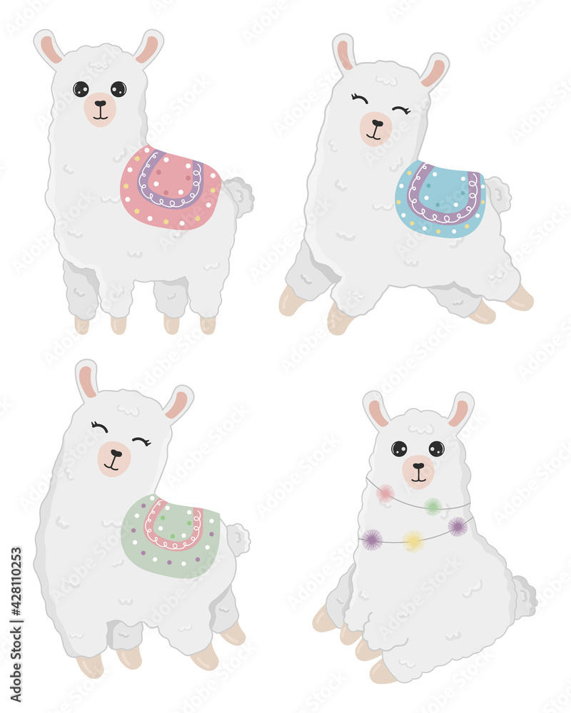 Set of alpaca in cartoon style. Collection of alpaca characters, flat ...