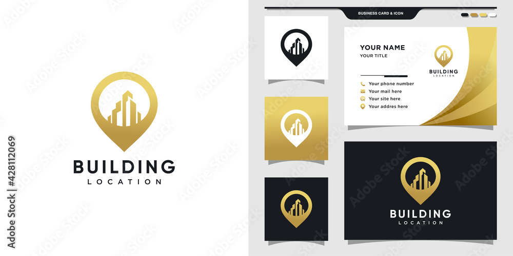 Building location logo design with pin concept. Logo and business card ...