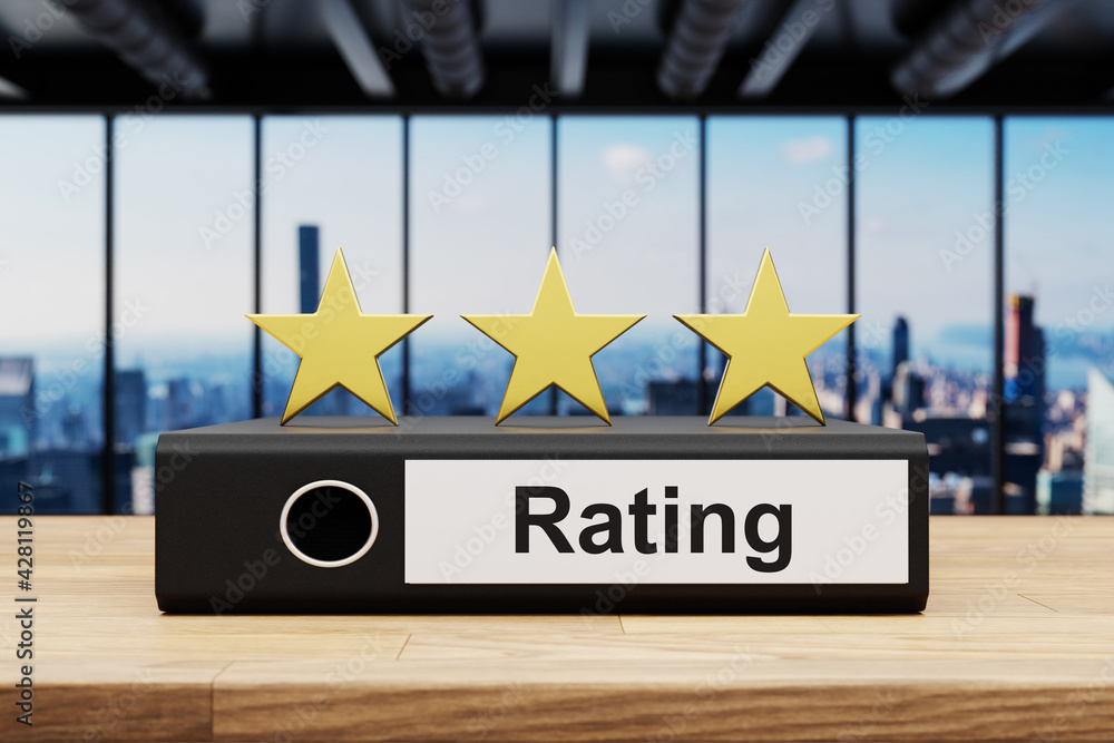 black office binder file folder with three stars on wooden desk in ...