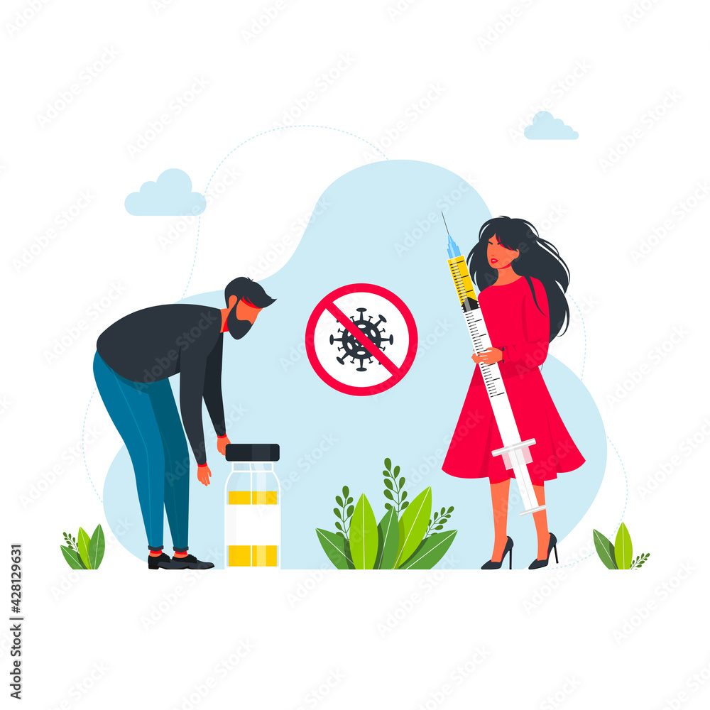 Time to vaccinate. Vaccination concept. Tiny people with vaccine ...