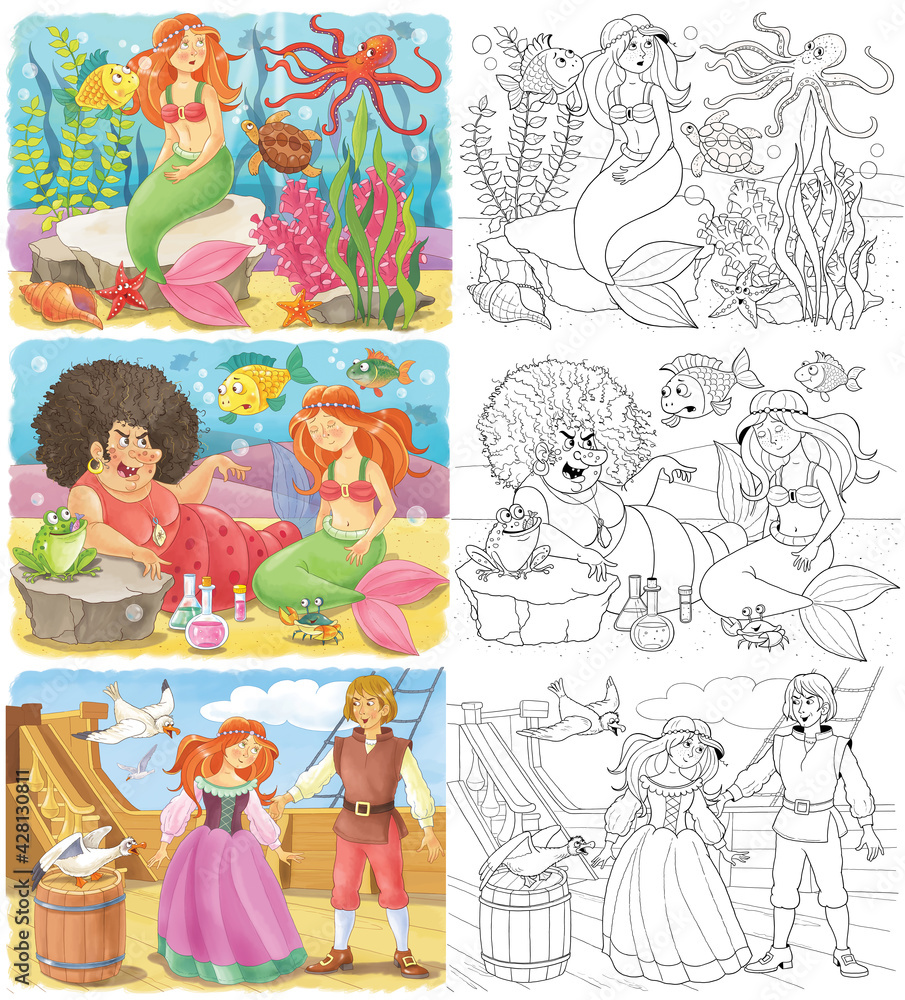 The little mermaid. Fairy tale. Coloring page. Illustration for ...