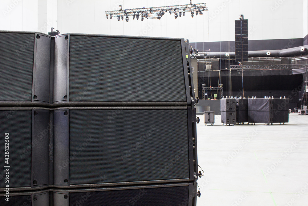 Line array speakers. Stage, trusses, led screen, sound speakers, stage ...