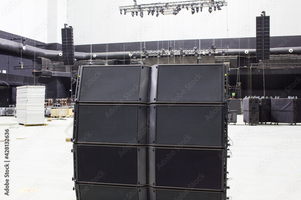 Line array speakers. Stage, trusses, led screen, sound speakers, stage ...