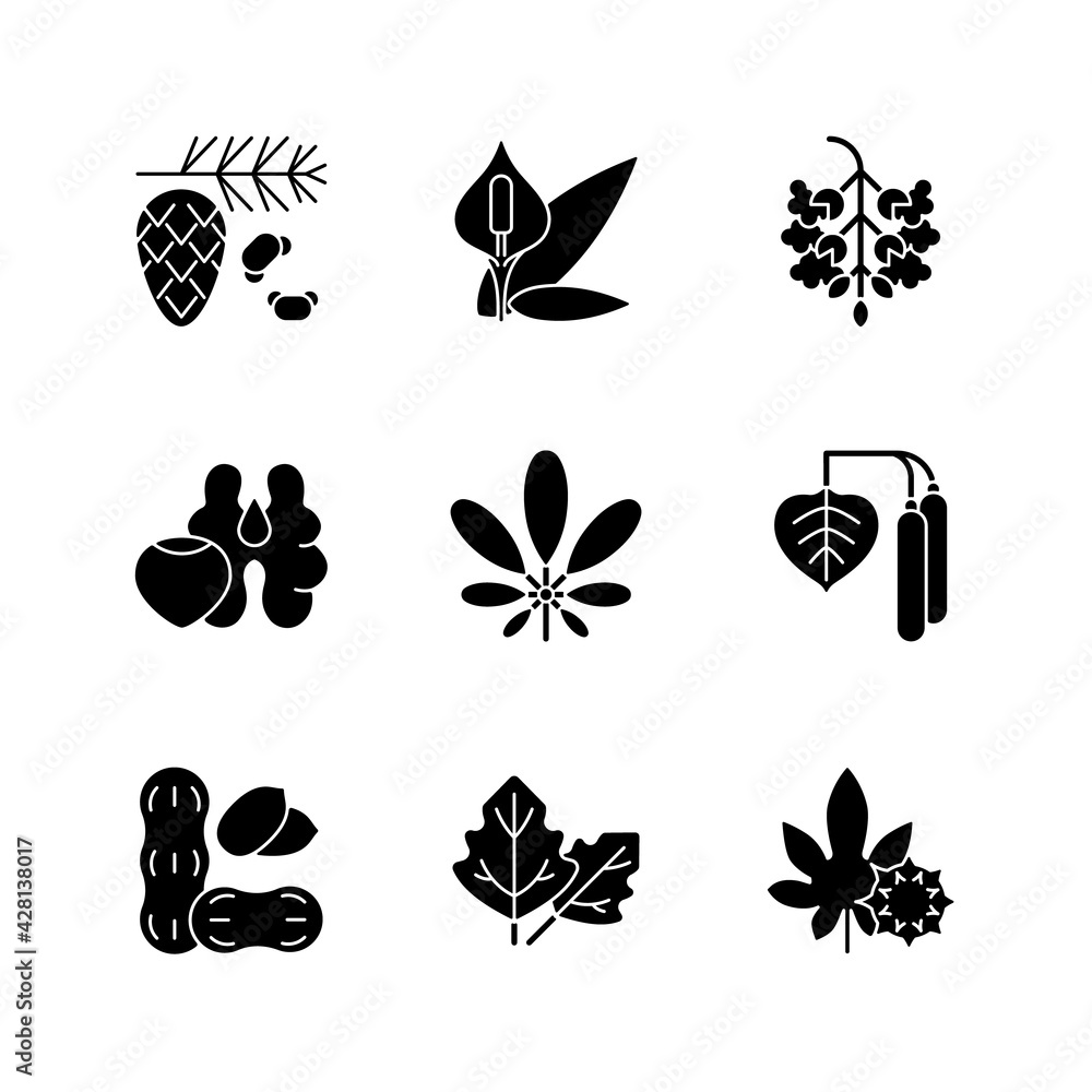 Allergens and allergy causes black glyph icons set on white space ...
