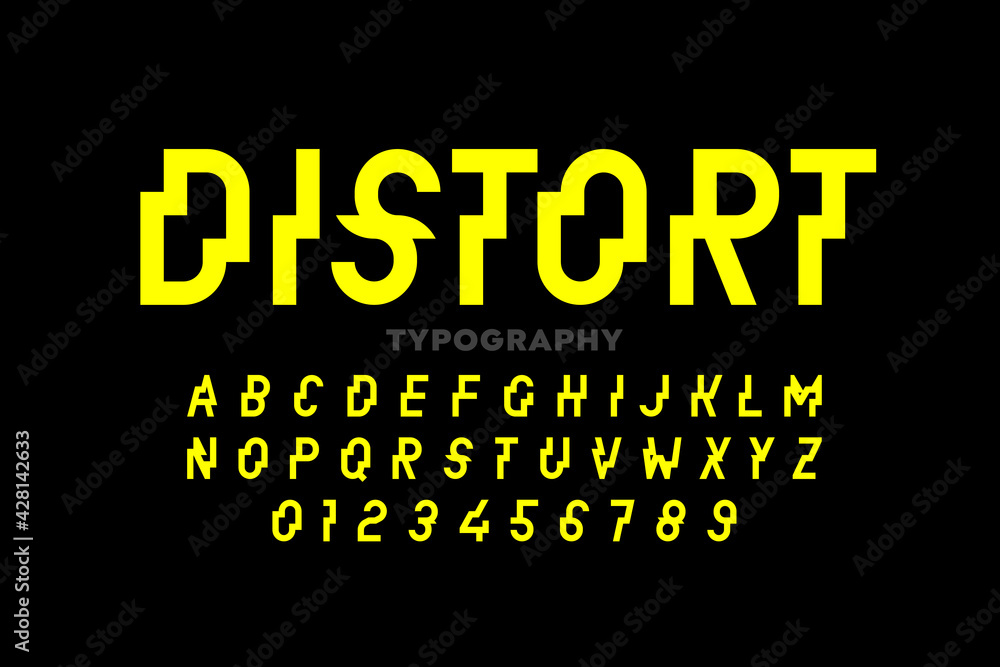 Distrorted style font, typography design, alphabet letters and numbers ...