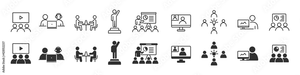 Business training and workshop icons collection in two different styles ...