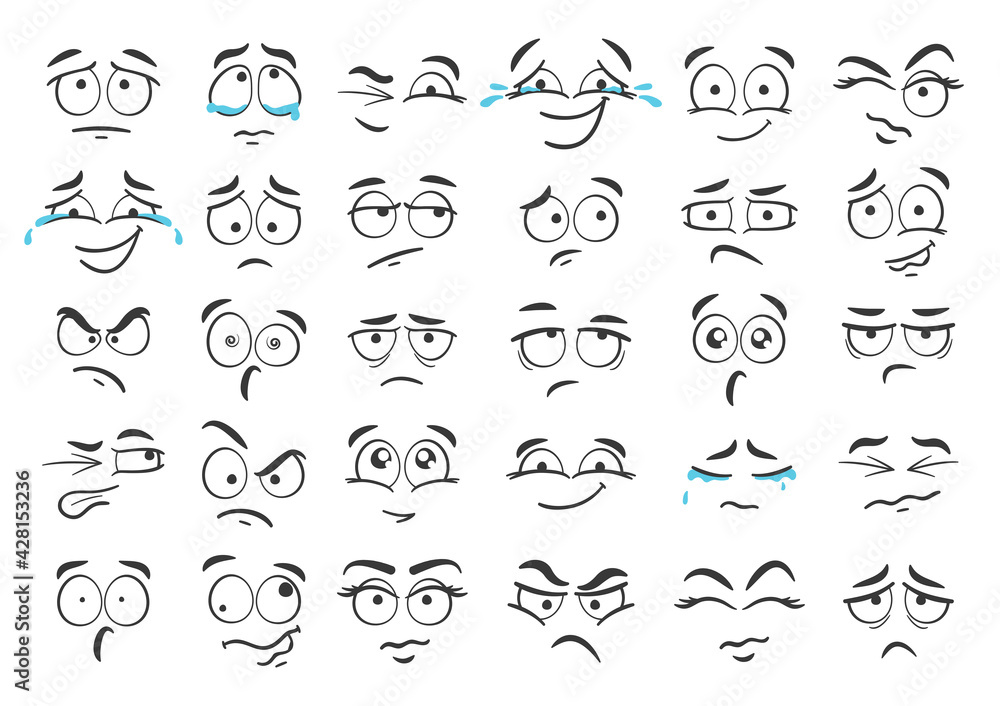 Cartoon faces. Hand drawn facial expressions, doodle face and different ...