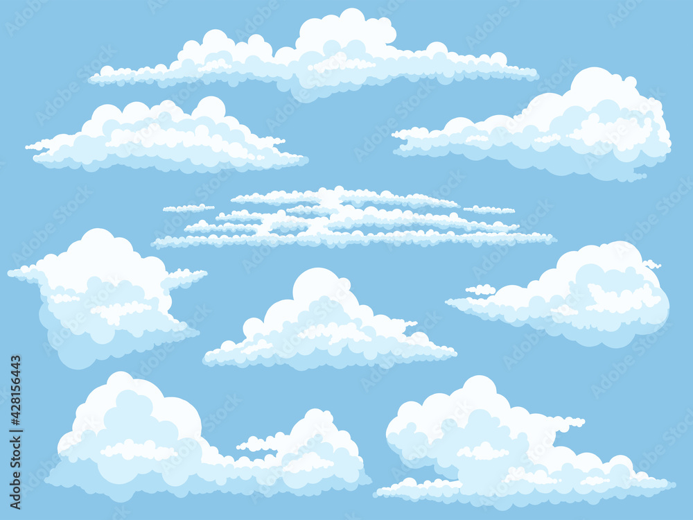 Cartoon clouds. White cloud on blue sky isolated vector illustration ...