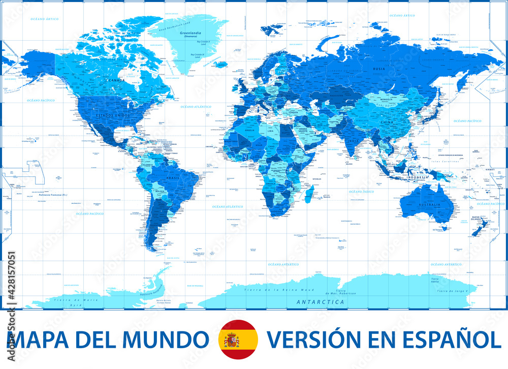 World Map Color Political - Spanish Language Version - Vector Detailed ...