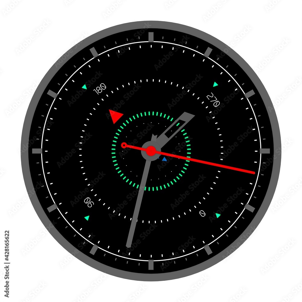 Rendering image of an analog clock with a compass, arrows, time scale ...