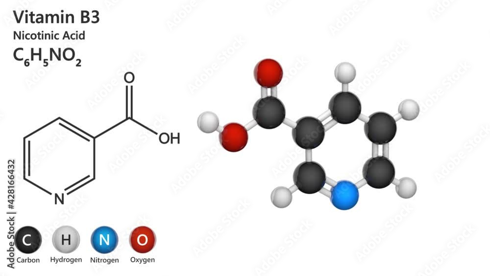 Vitamin B3(Nicotinamide). Also known as nicotinic acid. 3D illustration ...