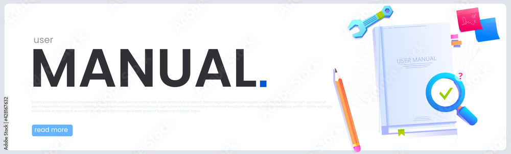 User manual for paper booklet. Vector illustration banner. Guide book ...