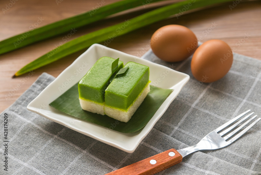 Selective focus of Kuih Seri Muka, traditional Malaysian two layered ...