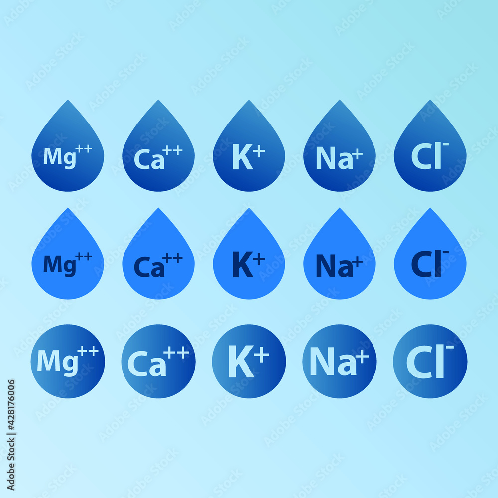 Set of blue electrolyte modern icons - Calcium, Sodium, Magnesium ...