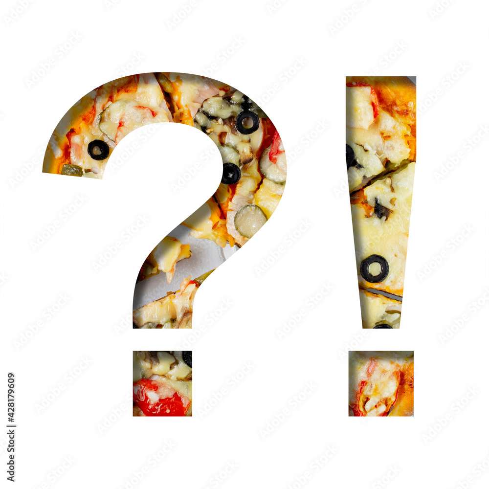 Fonts on pizza texture. Exclamation and question marks, cut out of ...