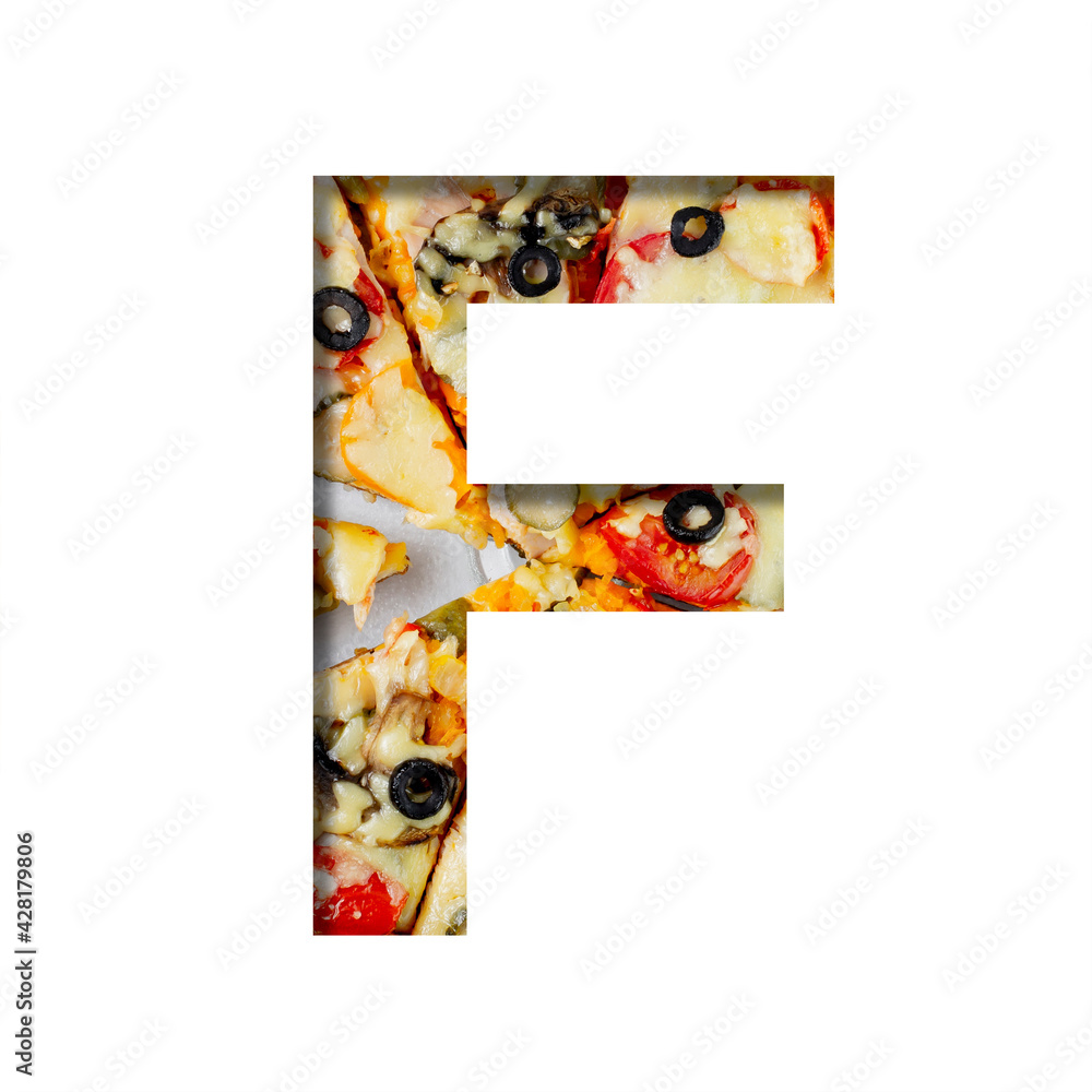 Font on pizza texture. Letter F, cut out of paper on a background of ...