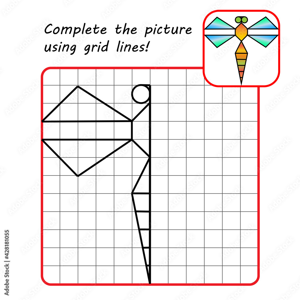 Educational game for kids. Simple exercise. Dragonfly drawing using ...