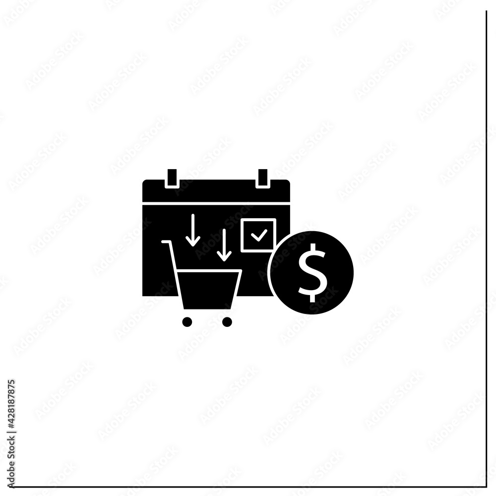 Asset purchase date glyph icon.Stock purchase process. Calendar ...