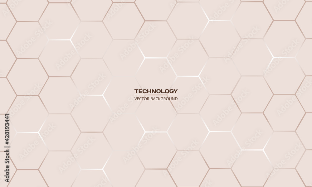 Light hexagonal technology vector abstract background. Brown bright energy flashes under hexagon ...