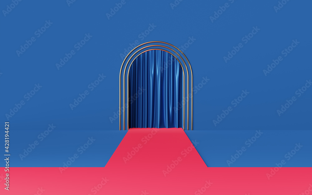 Empty red catwalk or podium on gold arch and blue curtain background ...