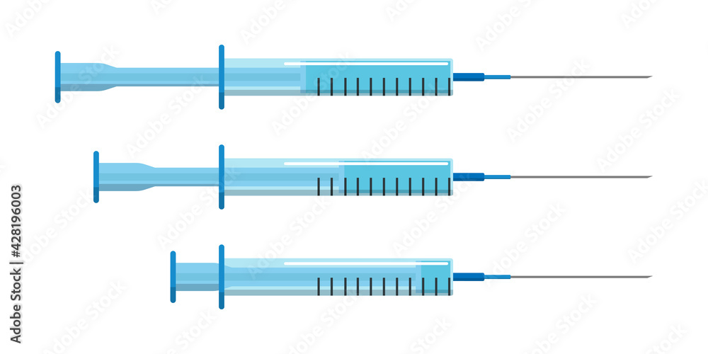Vector syringe with blue liquid inside. Three injectors in flat style ...